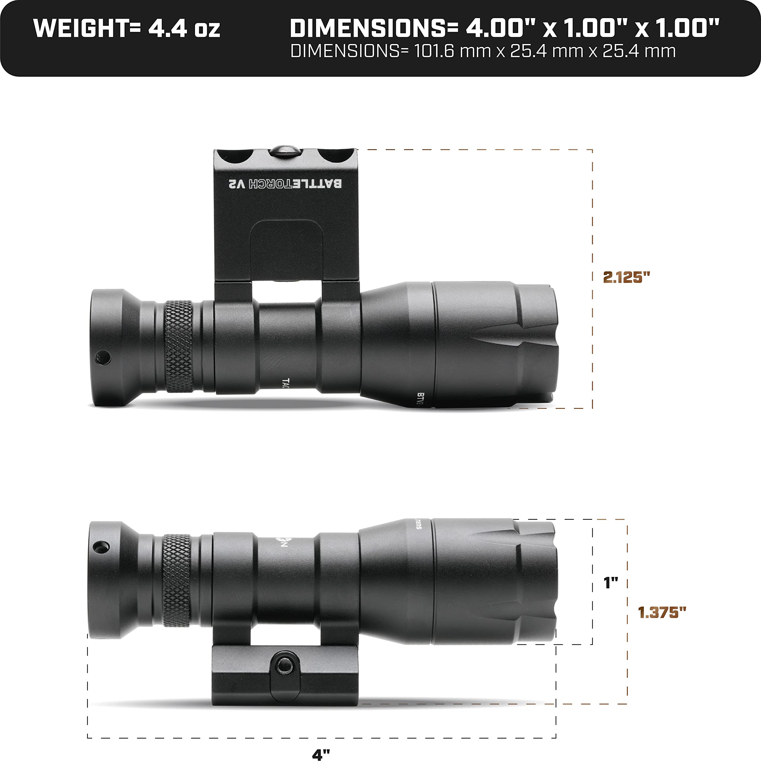 Tacticon Battletorch V2 | Rifle Mounted Miniature Flashlight| Combat Veteran Owned Company | Inline and Offset Picatinny Mount | Tactical Gun Mini Light