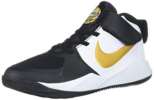 Nike Unisex-Kid's Team Hustle D 9 Pre School Basketball Shoe, Black/Metallic Gold-White, 3Y Regular US Little Kid