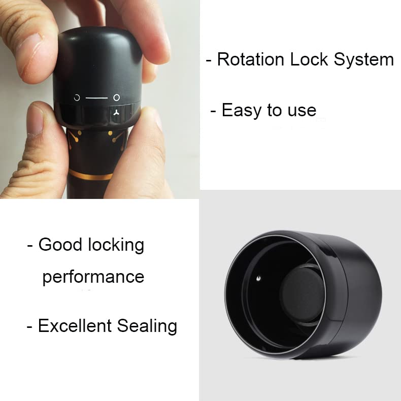Wine Stopper with RotatingĀ Lock, 4 Pack YIENHDA Wine Bottle Stopper, Mini Wine Corks, Sealed Wine Preserver, Reusable Wine Saver, Leak Proof Wine Keeper Cover for Wine Lover (Black)