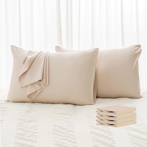 NiNi ALL Bedding Queen Pillow Cases 4 Pack 100% Brushed Microfiber Beige Pillowcases Soft & Breathable All seasons Pillow Covers with Envelope Closure for Women Men, Queen Size 20x30 Inches