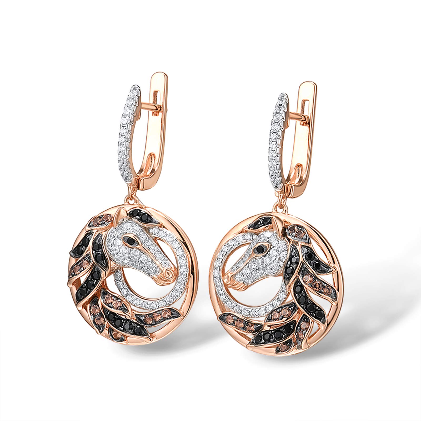 Santuzza 925 Sterling Silver Horse Dangle Earrings Black Spinel White Cubic Zirconia Animal Drop Earring 14K Rose Gold Plated Jewelry