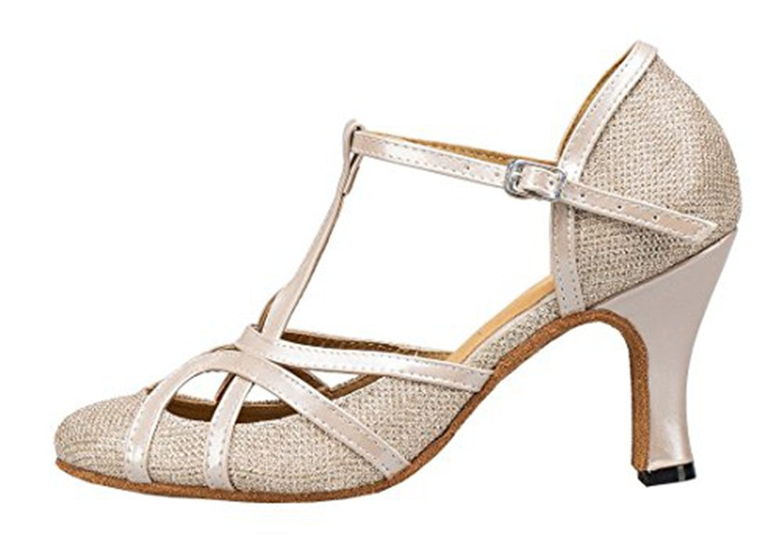 TDA Womens Mid Heel Champagne PU Leather Salsa Tango Ballroom Latin Party Dance Shoes CM101 9 M US