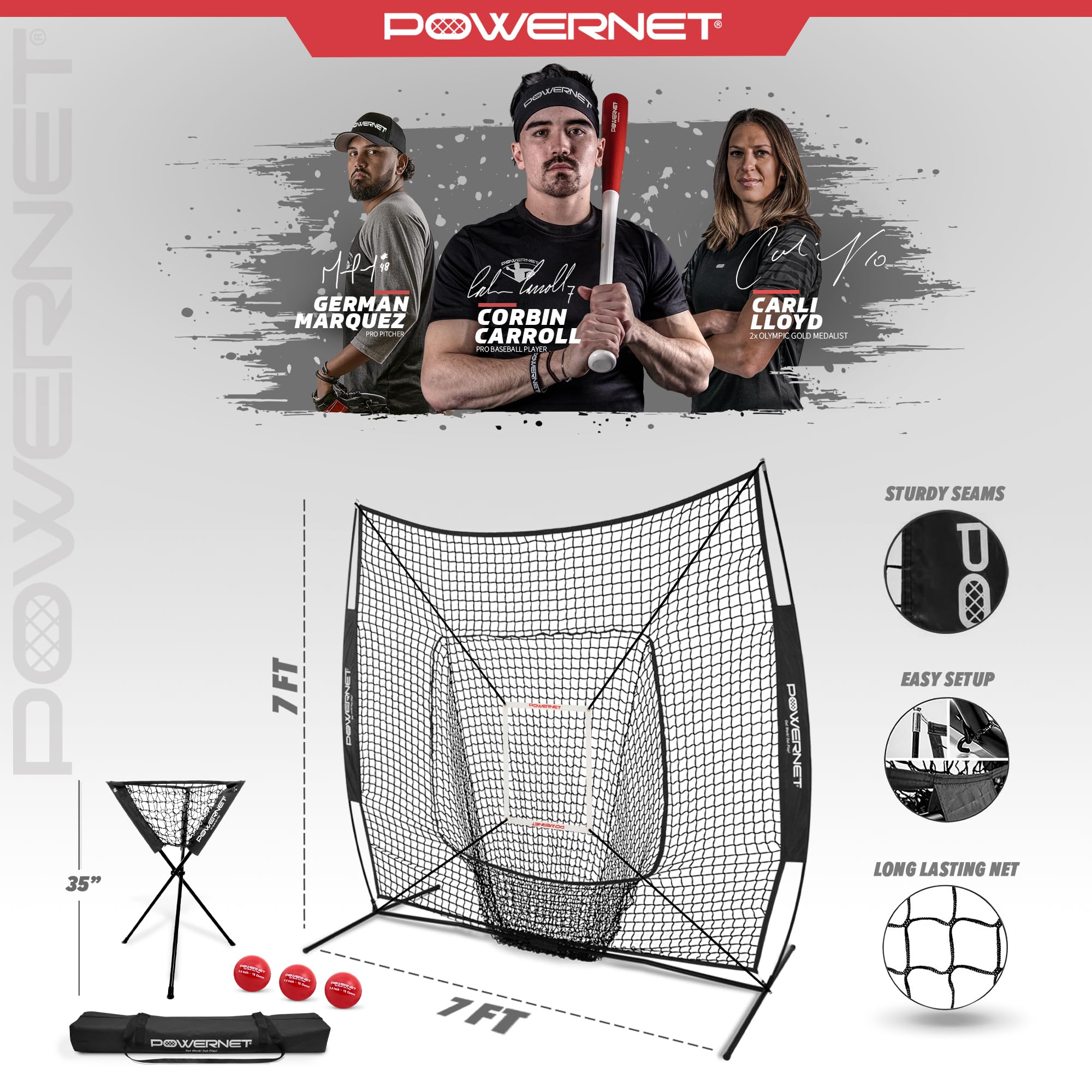 PowerNet Corbin Carroll DLX Combo 6 Piece Set for Baseball Softball | 7x7 Practice Net Bundle w/Strike Zone, Ball Caddy + 3 Weighted Training Balls | Team or Solo Training | Hitting & Throwing (Navy)