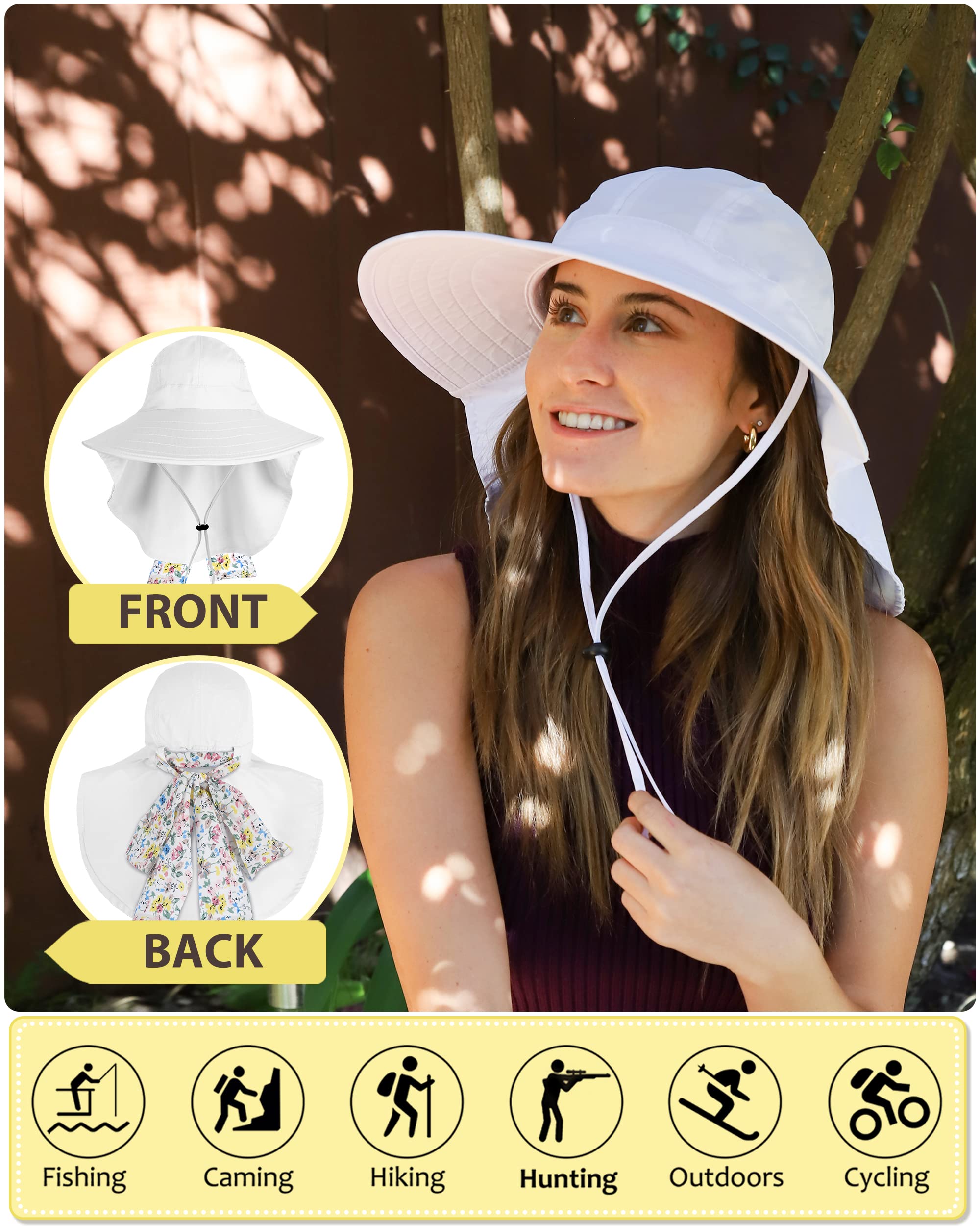 Tirrinia Stylish Garden Hats with Large Brim, Adjustable Safari Neck Cover, and Floral Ribbon