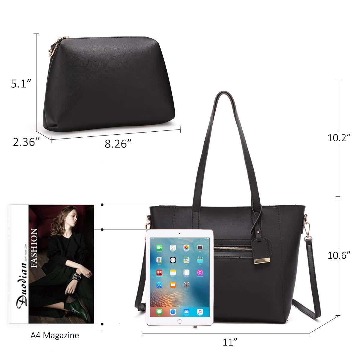 PU Leather Purses and Handbags Work Zip Tote Bag Large-Capacity Shoulder Bag Satchel for Women (893-black)