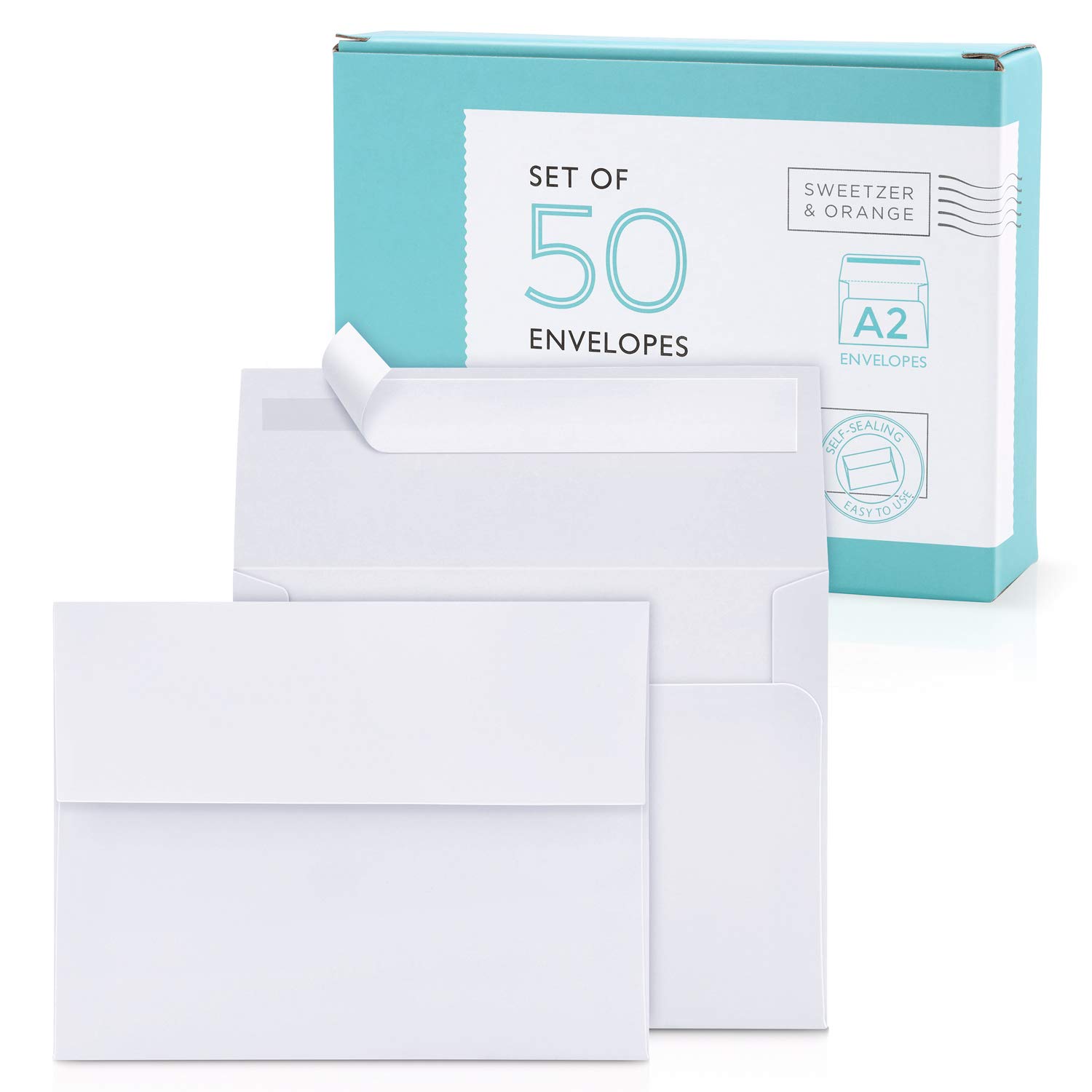 Sweetzer & Orange A2 Envelopes White Envelopes Self Seal (50 with Box). Luxury 150gsm For Greeting Card Envelopes and Invitation Envelopes 4-3/8 x 5-3/4, RSVP Envelopes, Plain Mailing Envelopes