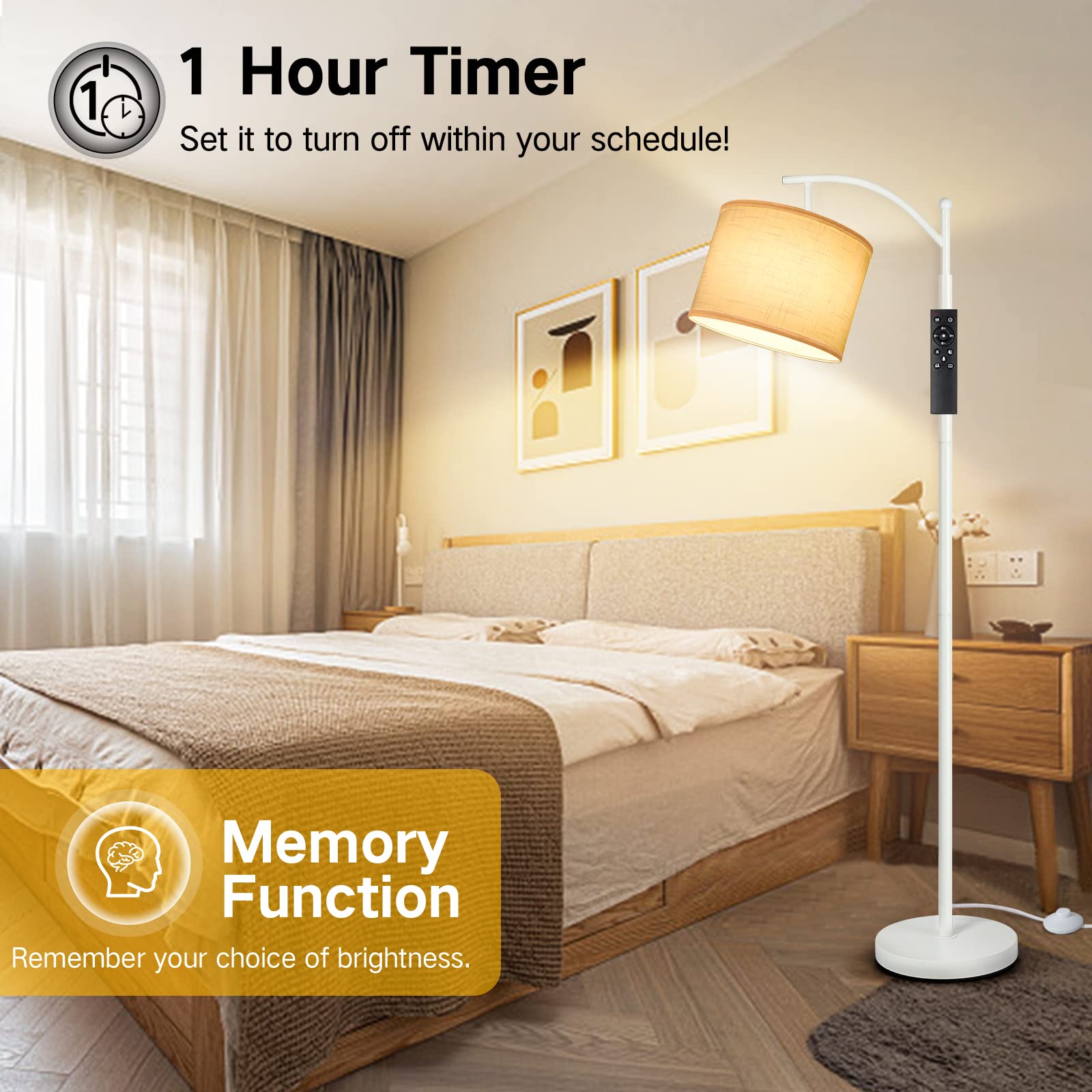 OUTON Arc Floor Lamp with Remote Control, LED Dimmable Modern Lamp with 4 Color Temperatures, Tall Standing Reading Lamp with Adjustable White Linen Shade for Living Room, Bedroom, Office, White