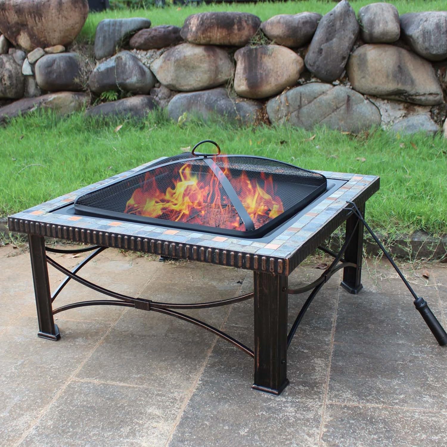 OutVue 30 inch Fire Pits Table for Outside with Real Slate, Wood Burning Outdoor Fire Pit with Waterproof Cover & Fire Poker& Log Grate& Spark Screen, Square Fireplaces for Camping,Patio,Bonfire