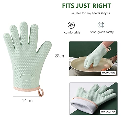 Yawcas Heat Resistant Silicone Oven Mitt,Oven Gloves with Fingers, Super Grip, Food Grade, Waterproof, for Cooking & Baking, Light Green, 2 Pack