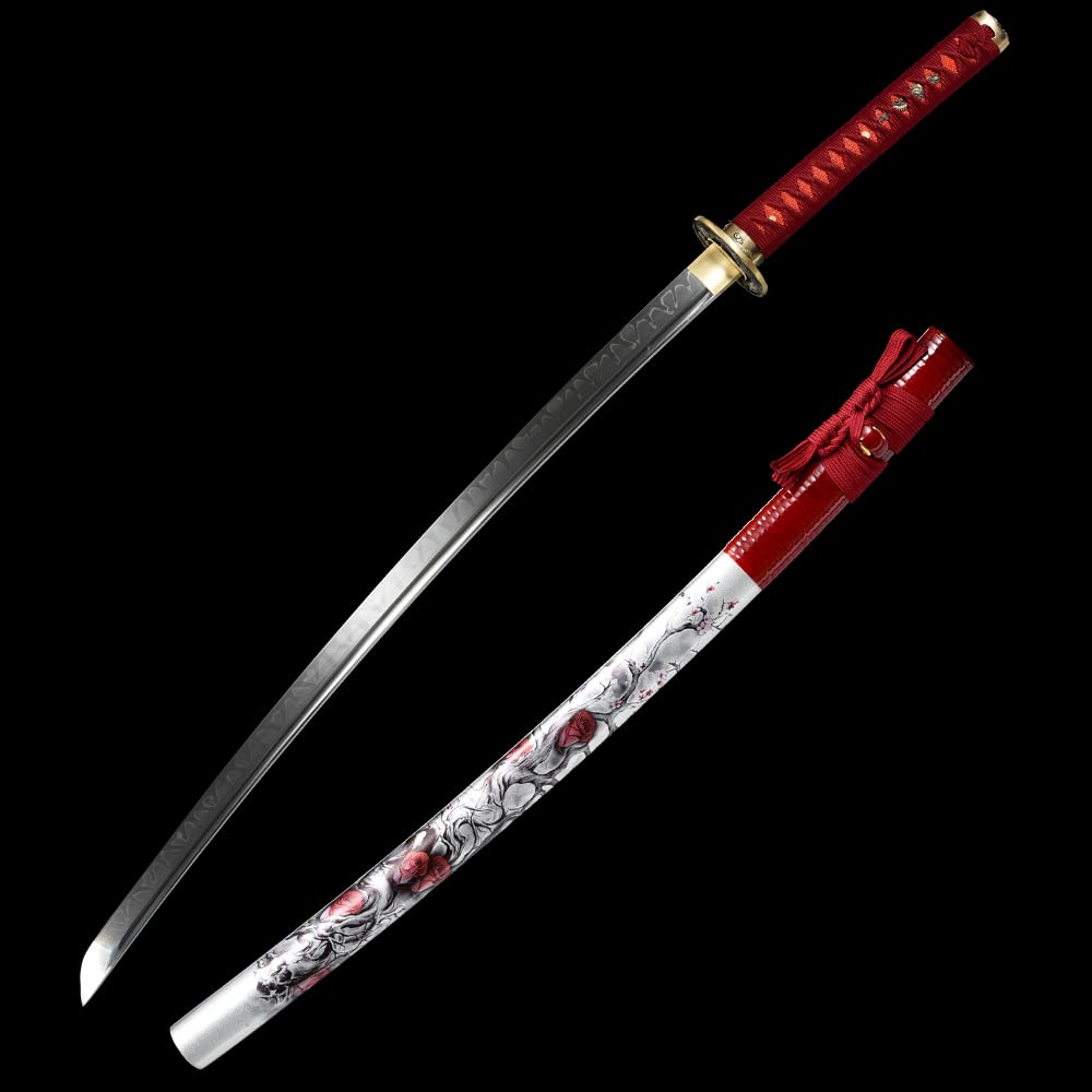 Real Japanese Samurai Katana Sword 1095/T10High Carbon Steel Heat Tempered/Clay Tempered, Full Tang Dragon Tsuba,Full Tang,Functional Sharp…