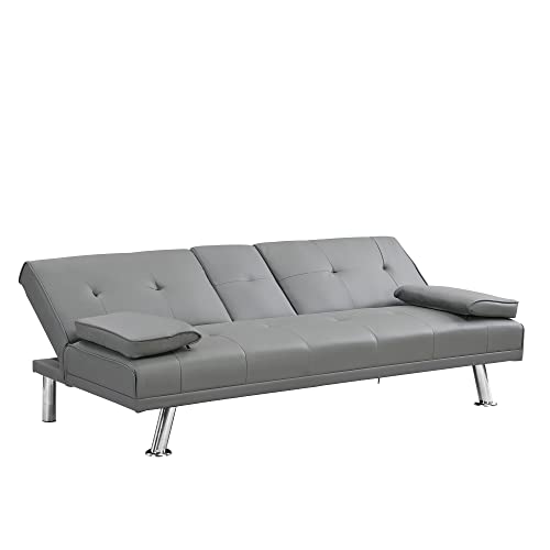 Penifun Convertible Folding Futon Sofa Bed Sleeper Couch for Living Room PU Leather Upholstered Loveseat with Armrest & Two Cup Holders, Solid Wood Frame/Stainless Leg, Gray