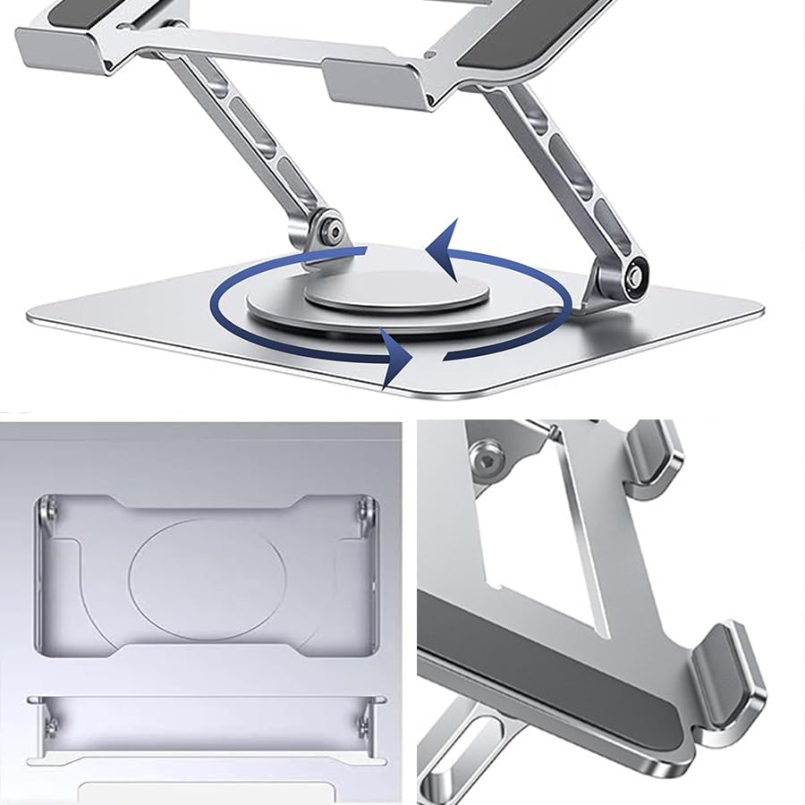Peymoxra Laptop Stand Aluminum Computer Stand for Desk with 360° Rotating Base Adjustable Height and Angle Ergonomic Designe, Compatible with MacBook, Tablets and All Notebook 7-17" Silver