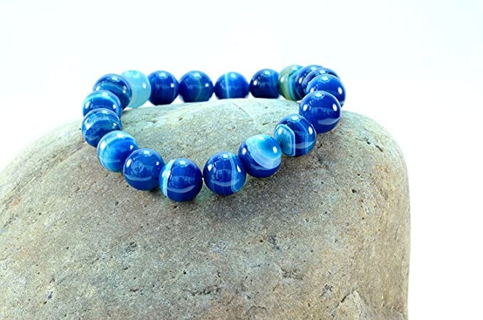 PURPLE WHALE Botswana Agate Stone Bracelet for Women, Men | Round Beads Stretch Adjustable Bracelet for Meditation, Yoga (Blue)