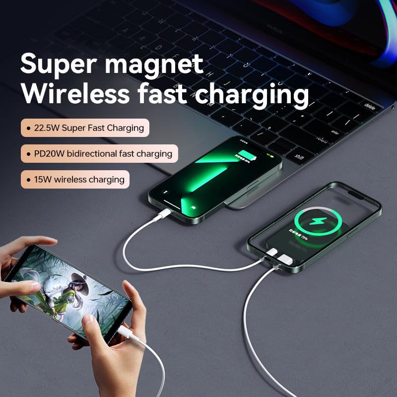 PowerStash Fast Charging Magnetic Power Bank Wireless Charging Type C Quick Charge Support and Lightning Cable Compatible port, LED Display Ultra Slim High Capacity Aluminum Body 5000mAh