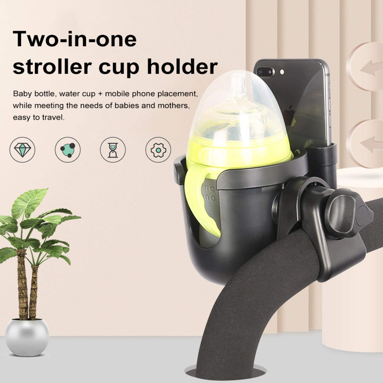 Stroller Cup Holder, Universal Cup Holder Rack, 2 in 1 Bottle Holder for Buggy Pushchair Wheelchair Bike and More