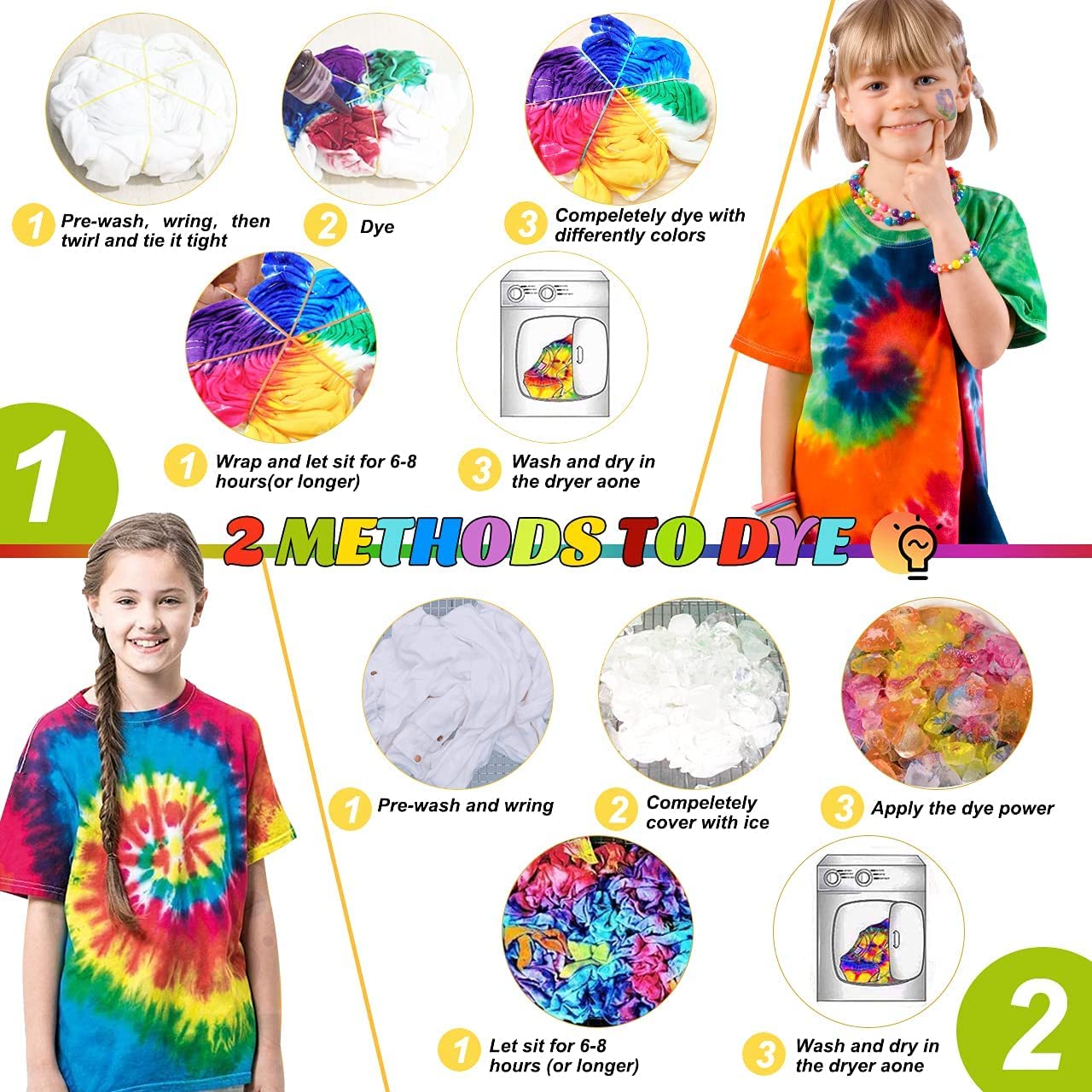 Tie Dye Kit, Emooqi 8 Colors 100Ml All-in-1 Tie Dye Set with 16 Bag Pigments, Rubber Bands, Gloves, Apron and Table Covers for Craft Arts Fabric Textile Party DIY Handmade Project