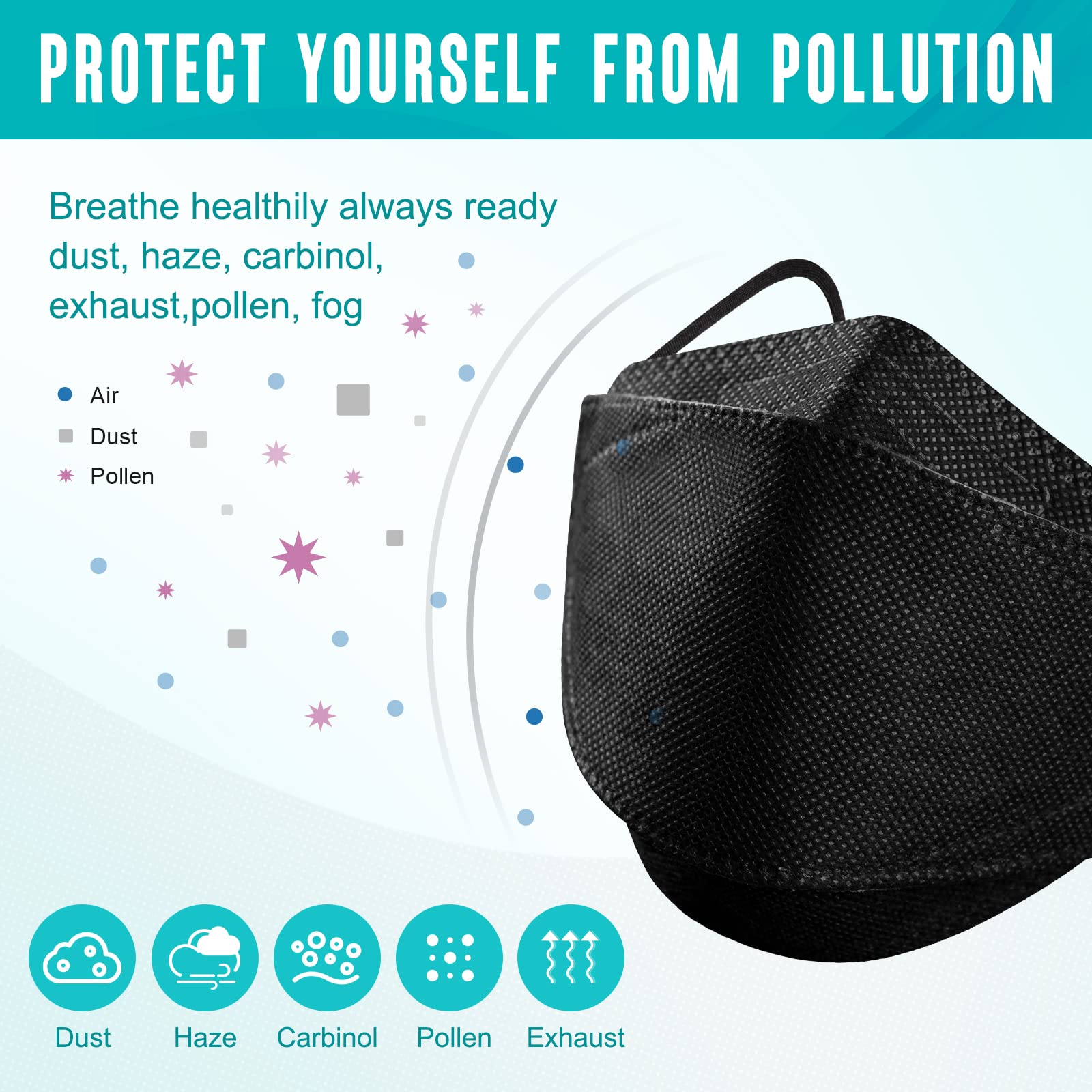 Tohacom 50/100 Pack KF94 Face_Covers, Color Màsk，Black Màsk，4-Layer Màsk outdoor Daily Use