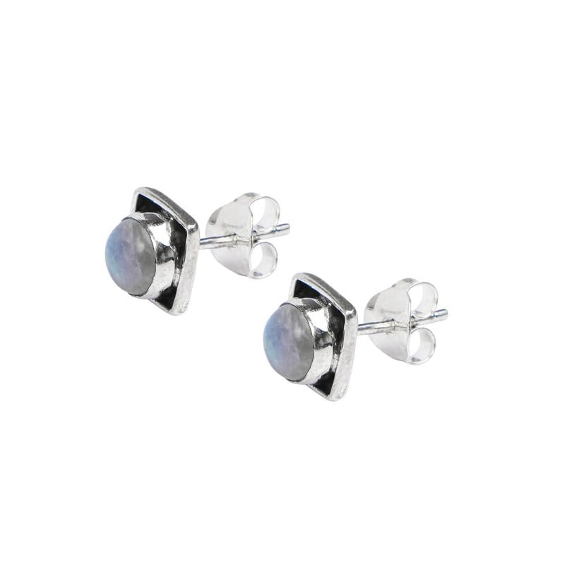 Rainbow Moonstone Stud Earring, 925 Sterling Silver Stud Earrings for Women Girls, Natural Gemstone Stud Earring, Round Stone Stud Earrings, Gift Jewelry for her