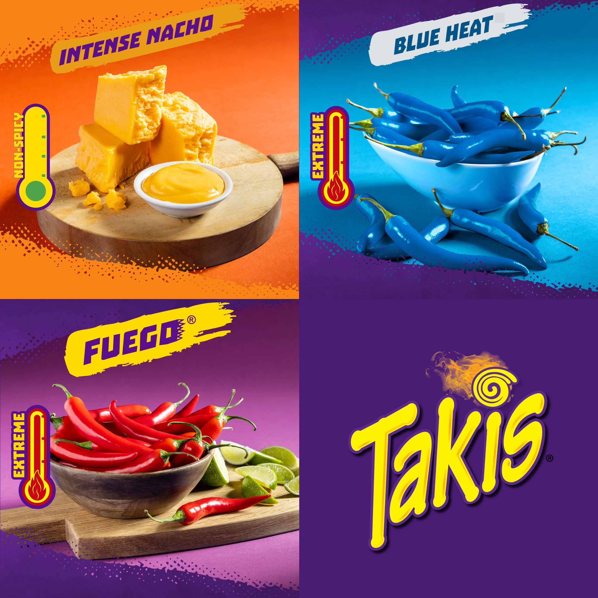Takis 40 pc / 1 oz Hero Variety Pack, Assorted Flavored Mixed Rolled Tortilla Chips β (20) Fuego 1 oz, (10) Blue Heat 1 oz, (10) Intense Nacho 1 oz