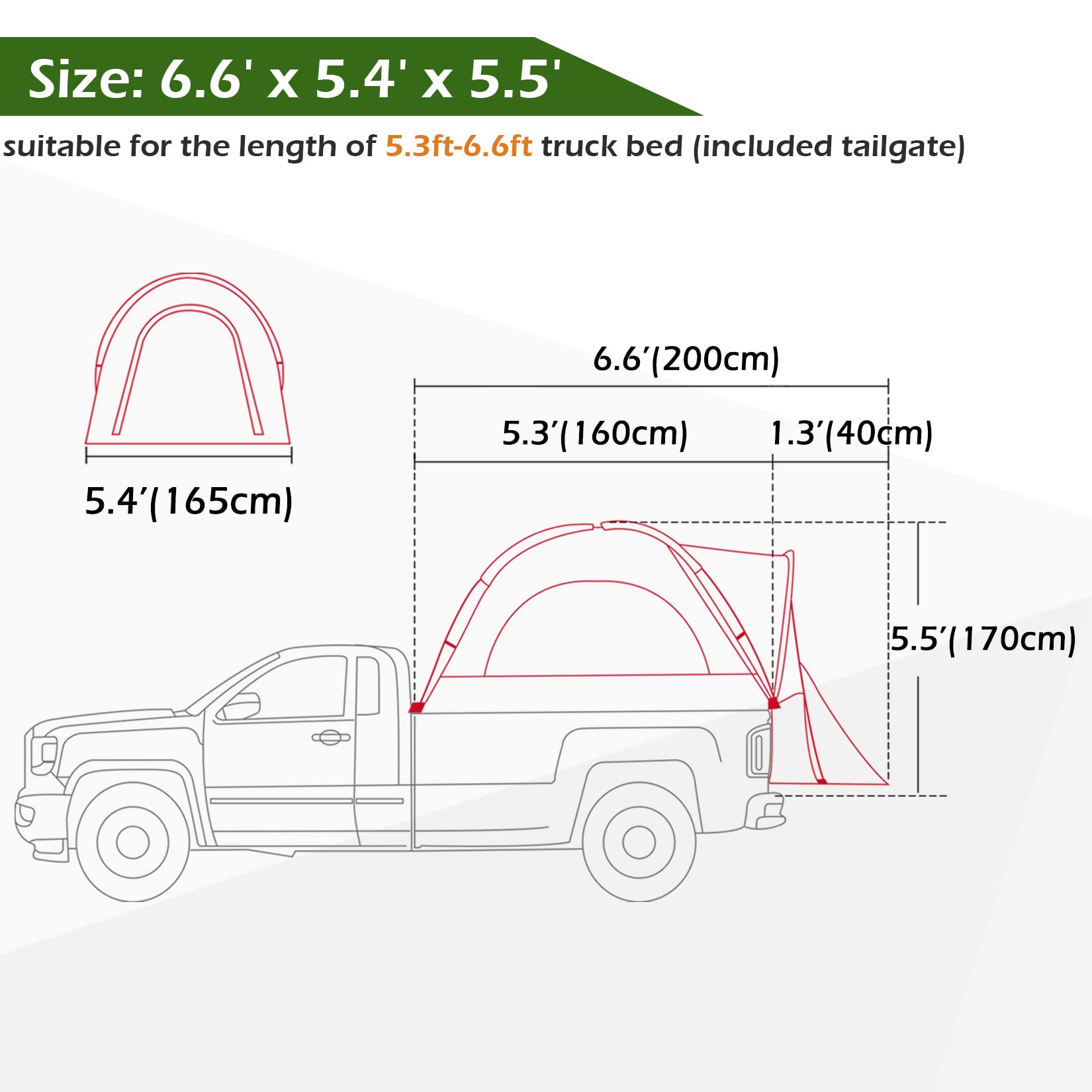 SHANTRA Pickup Truck Bed Tent - Double Layer 5.3'-6.6' Tent with Detachable Rain Cover, Carry Bag, and PU2000 Waterproof & Windproof Protection, Perfect for Camping
