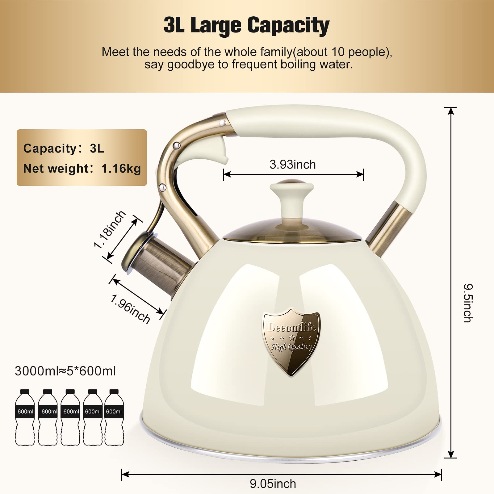 Tea Kettle Stove Top 3.17Quart Modern Whistling Tea Kettle-Surgical 5 Layer Stainless Steel Teakettle Teapot with Cool Touch Ergonomic Handle Teapot - Pot For Stove Top (copper handle)