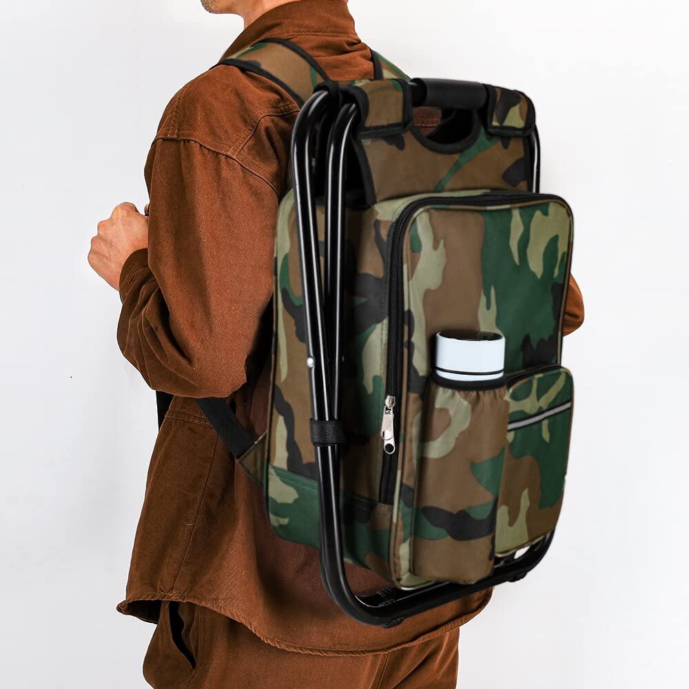YESIACE Portable Hiking Camouflage Camping Stool, Folding Camping Chair Stool Backpack with Cooler Insulated Picnic Bag