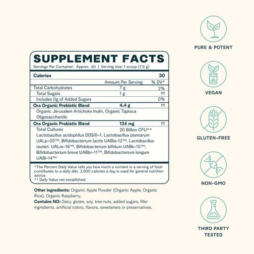 Ora Organic Prebiotic and Probiotic Powder Supplement - 20 Billion Probiotics, 7 Strains for Best Prebiotic Powder, Non-GMO, Probiotics for Women, Men & Kids - Apple Raspberry Flavor, 30 Servingsā¦