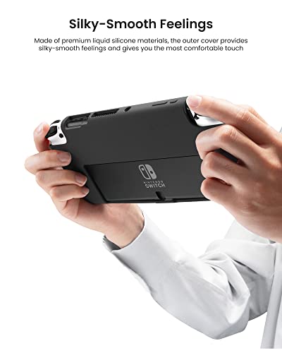 tomtoc Protective Case for Nintendo Switch OLED 2021 and Joy-Con Controller, Liquid Silicone Cover Accessory Support Switch Stand and Joy-Con Detachable, Shock-Absorption and Scratch-Resistant, Black
