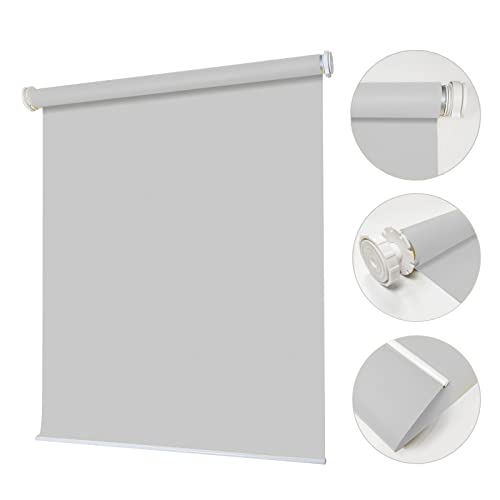 No Drill Inside Mount Blackout Roller Shades Custom No Tools Tension Window Blinds, Easy Install Waterproof Blinds for Office Living Room, Bathroom, Kitchen, Light Grey