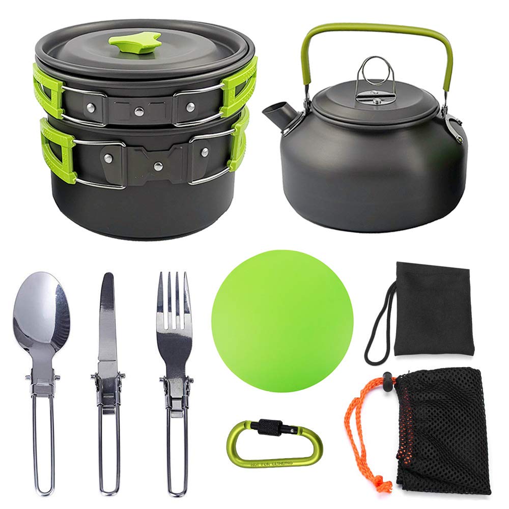 Peidesi Camping Cookware Mess Kit, Portable Camp Stove Pots and Pans Set, Carabiner, Folding Knife, Fork Spoon Kit, Carry Mesh Bag,Teapot for Backpacking, Outdoor Camping, Hiking and Picnic(16Pcs)