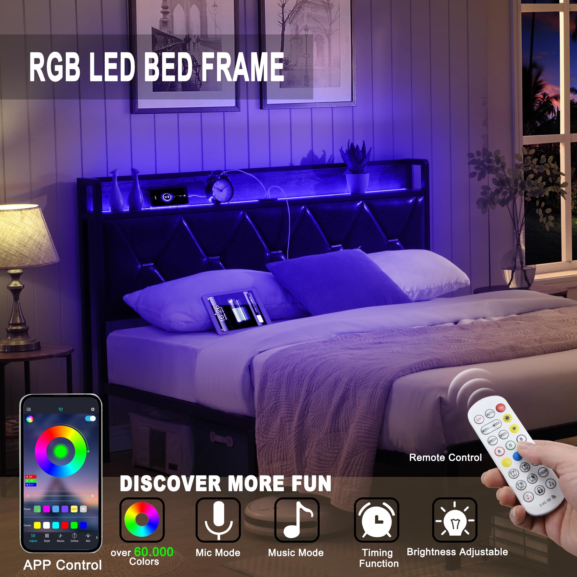 Nicxxtar Queen Size Platform Bed Frame with Headboard Storage Drawer and USB Charging Ports, Black Queen Bed Frame