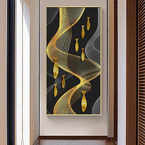 Modern Abstract Golden Fish and Lines Posters and Prints Wall Art Canvas Painting Room Wall Art Picture Home Decoration 90x183cm/35x72inch With Golden Framed Ready to Hang