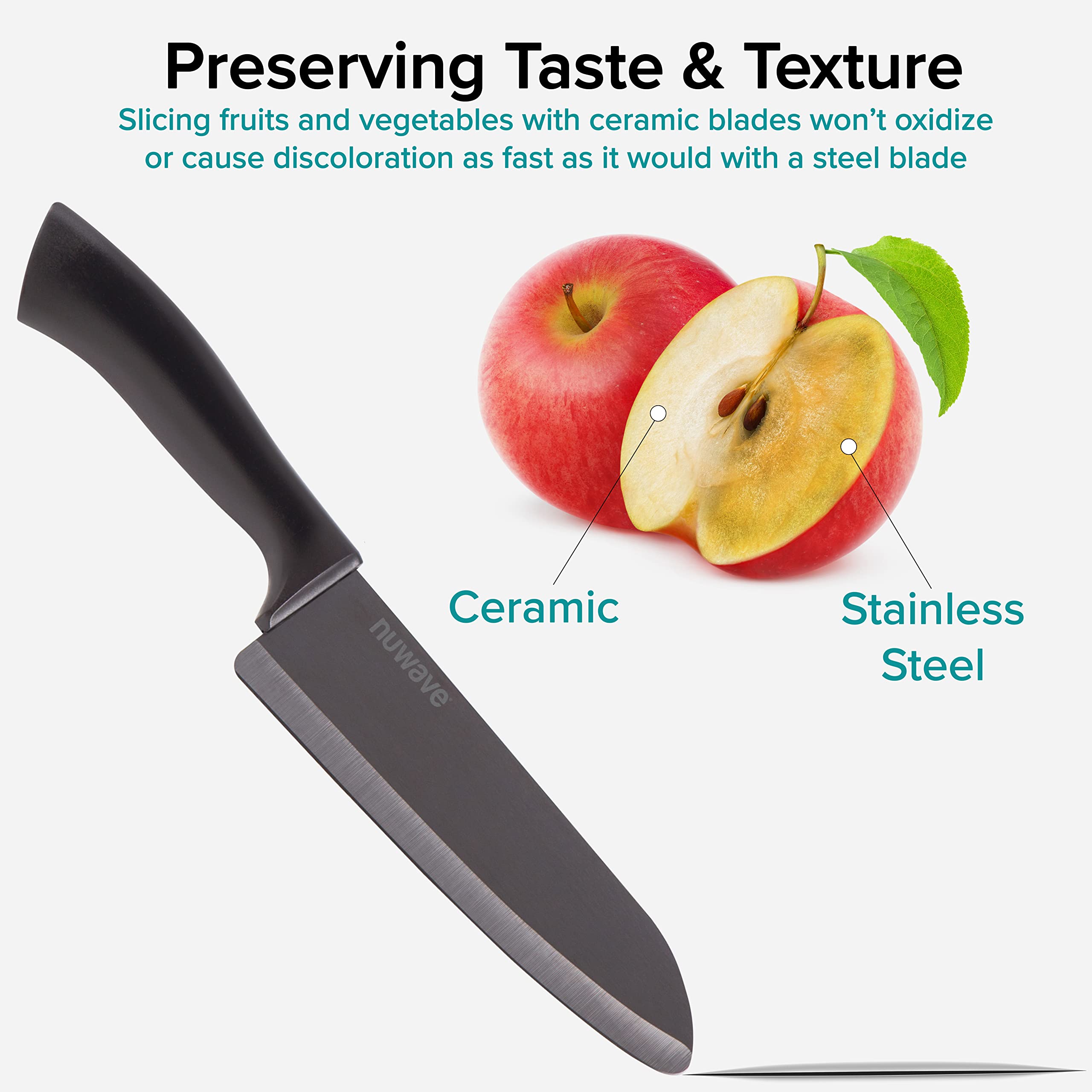 Nuwave 4-piece Black Ceramic Knife Set – Includes 3” Paring Knife, 5” Utility Knife, 6.5” Everyday Knife & 8” Chef’s Knife, Ideal Super Sharp Kitchen Knives, Rust-Proof, with Ergonomic Handles