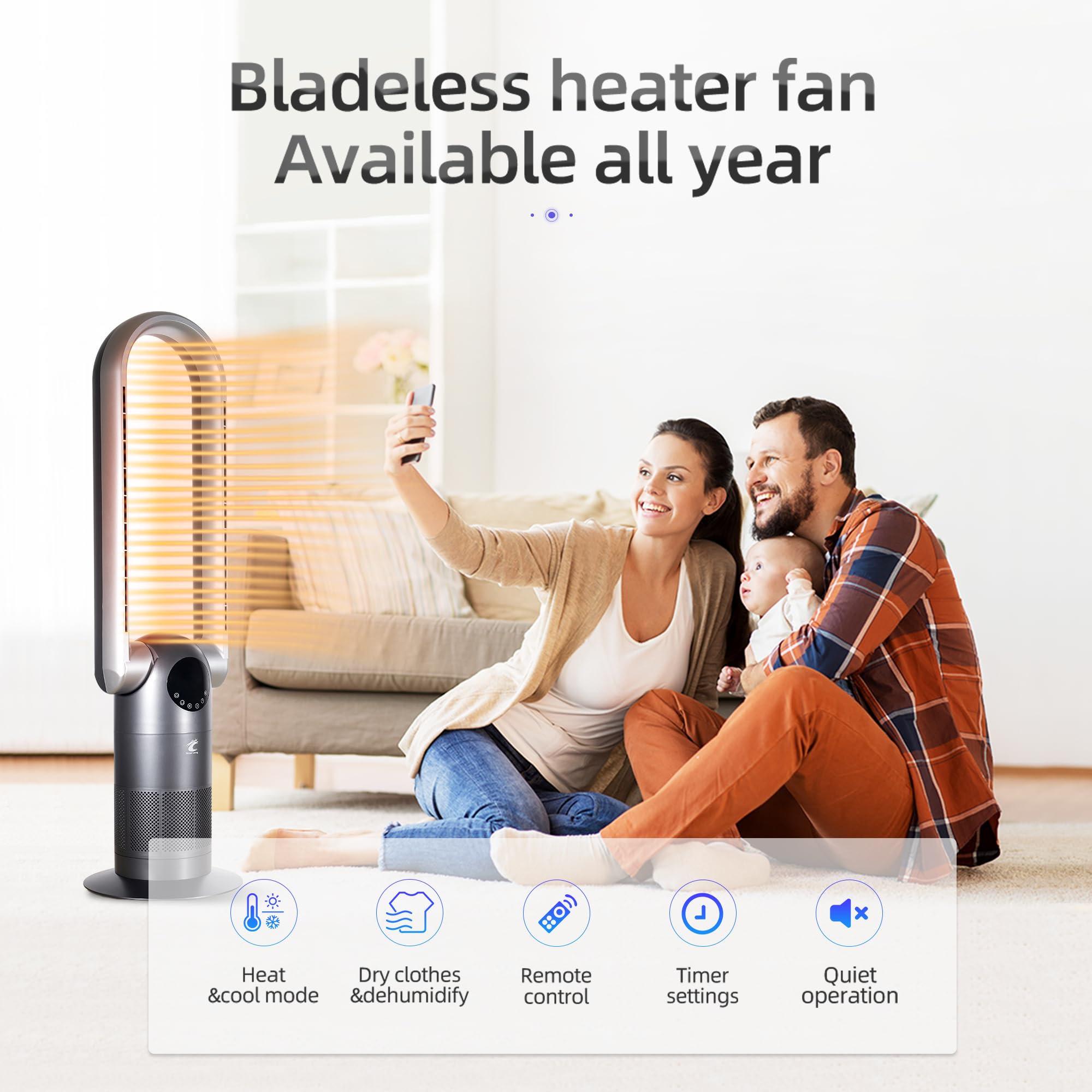 Ocean Loong 1500W Space Heater & 38.6” Bladeless Tower Fan for Home Bedroom, Eco Electric Heater with Adjustable Thermostat, Tip-Over Switch, Remote, Timer, Oscillating Floor Fan, AC68, (Grey)