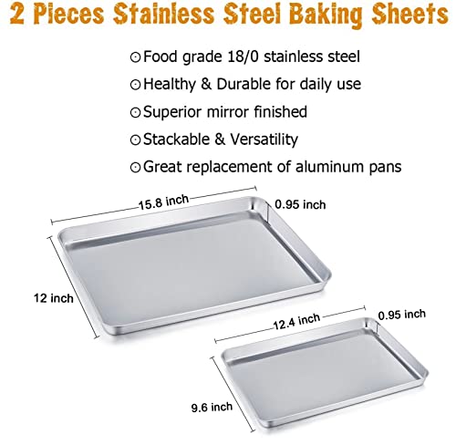 TeamFar Baking Sheet Cookie Sheet Set of 2, Pure Stainless Steel Baking Pan Tray Professional, Non Toxic & Healthy, Mirror Finish & Rust Free, Easy Clean & Dishwasher Safe