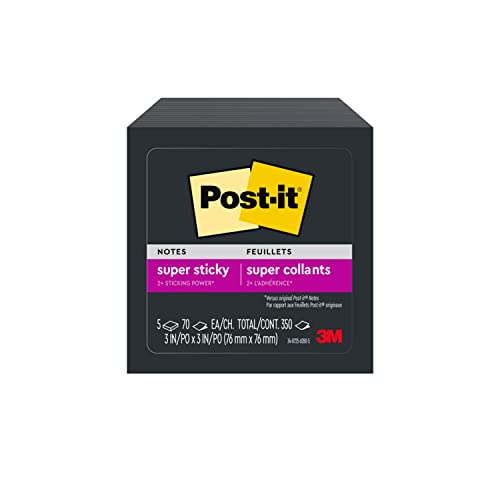 Post-it Super Sticky Notes, 3x3 in, 5 Pads, 2x the Sticking Power, Black (654-5SSSC)