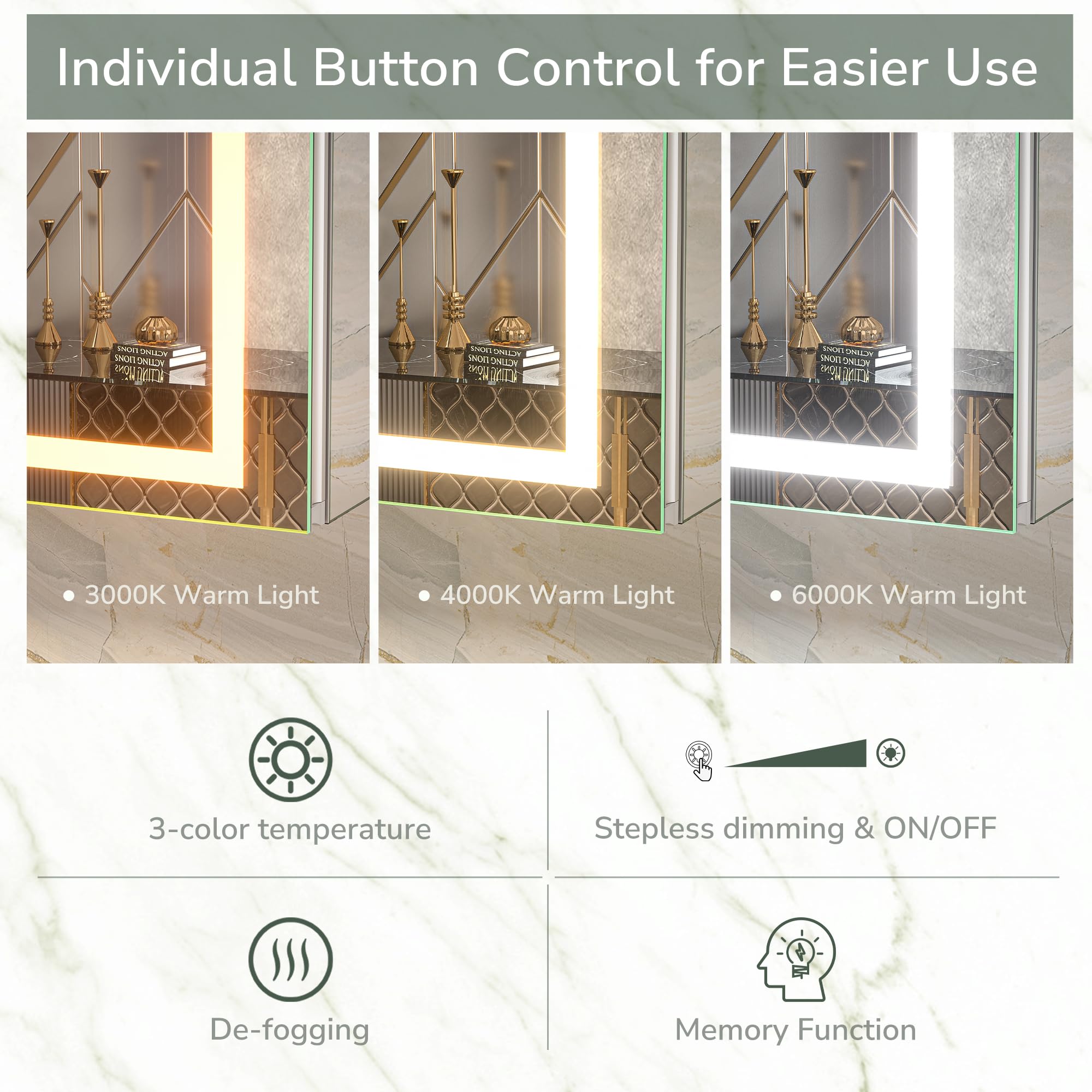 TokeShimi 40x32 Surface Mount Medicine Cabinet Mirror with Electrical Outlet, Frontlit Anti-Fog 3 Colors Temperature Dimmable Surface or Recessed Mount for Bathroom Vanity and Modern