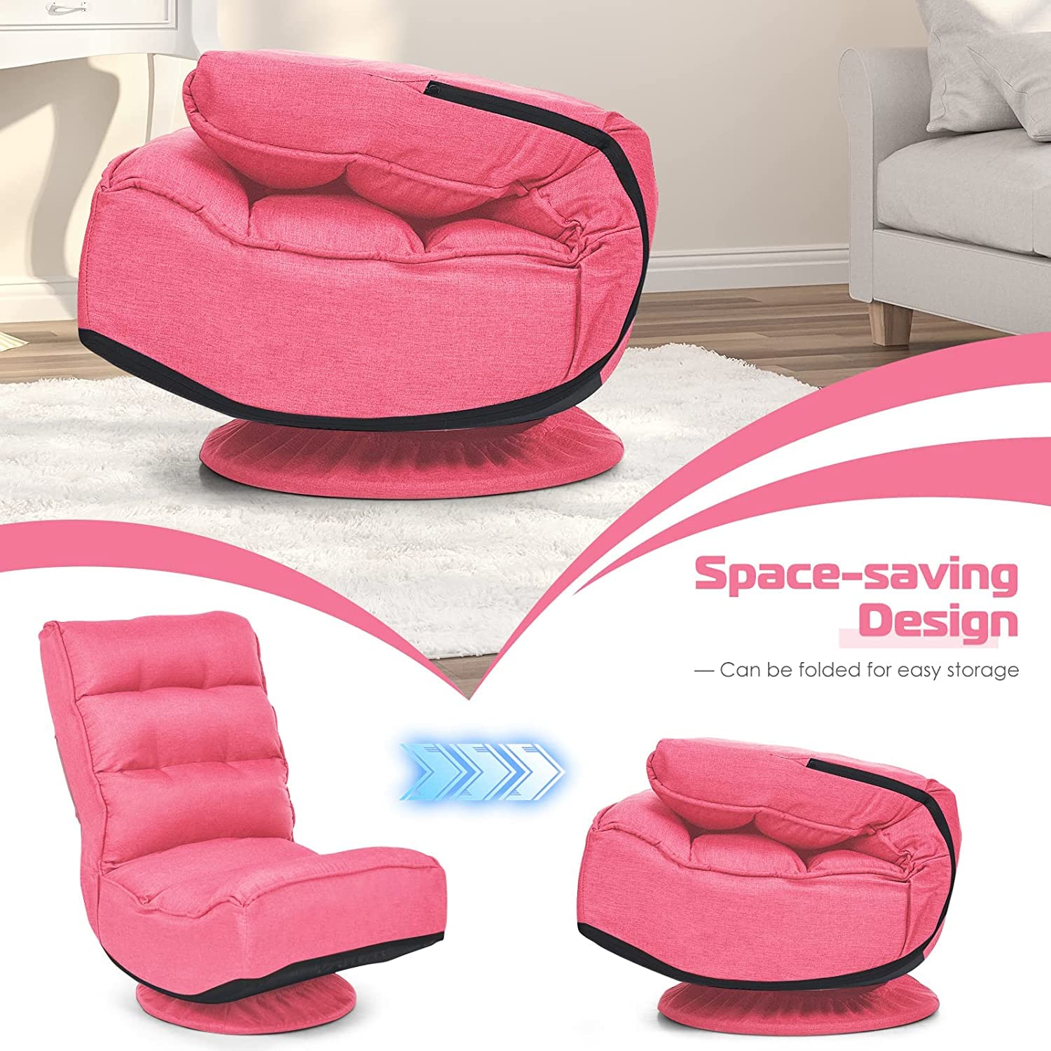 Zimbala 360 Degree Swivel Floor Sofa Chair, 6 Position Adjustable Folding Gaming Chair with Comfortable Padded Backrest, Lazy Lounge Chair for Reading, TV Watching, Gaming (Pink)