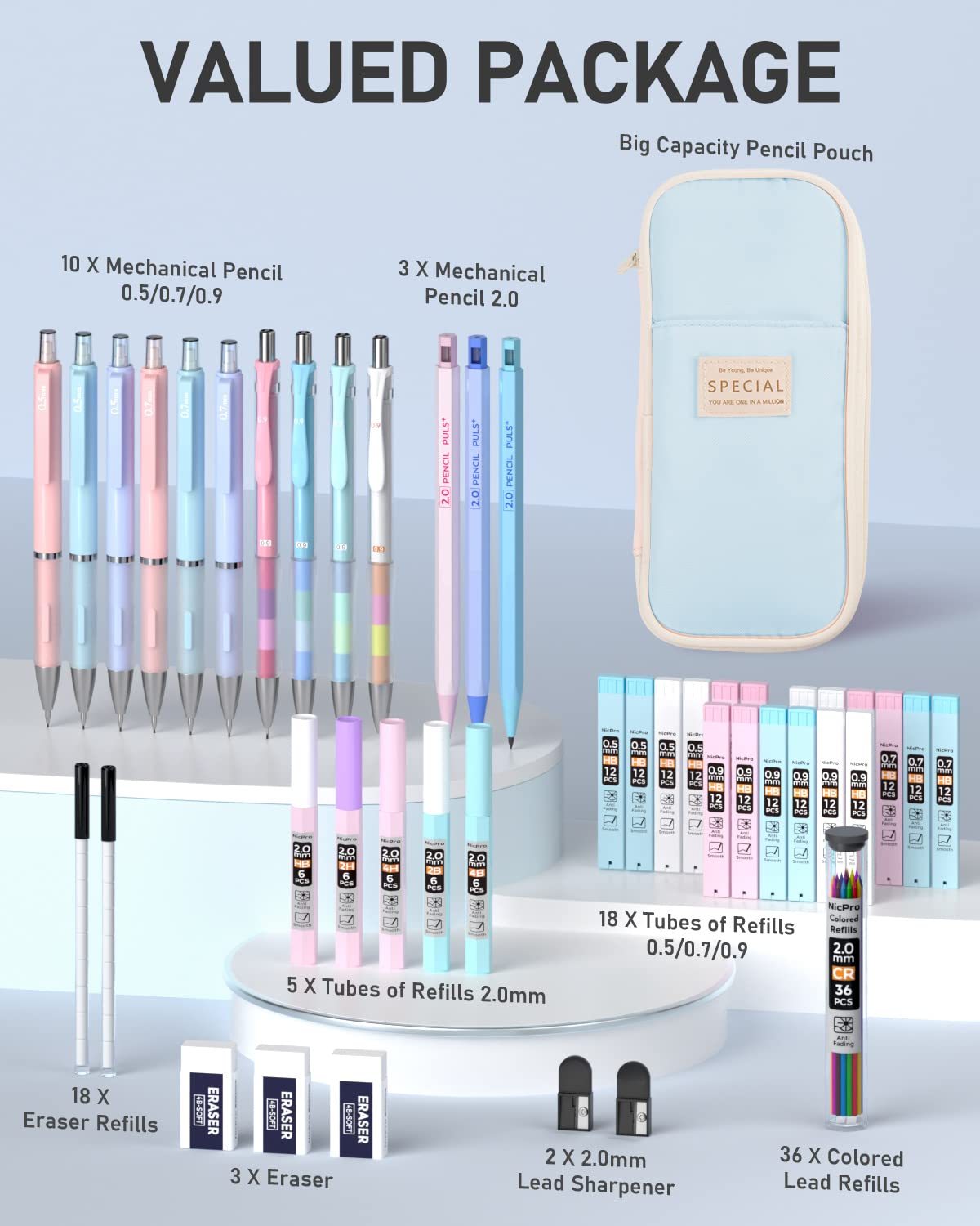 Nicpro 45PCS Aesthetic School Supplies with Big Capacity Pen Case, Pastel Mechanical Pencils 0.5, 0.7, 0.9, 2mm with 24 Tube Lead Refills(4B 2B HB 2H 4H COLORS) Erasers For Student Writing Drawing