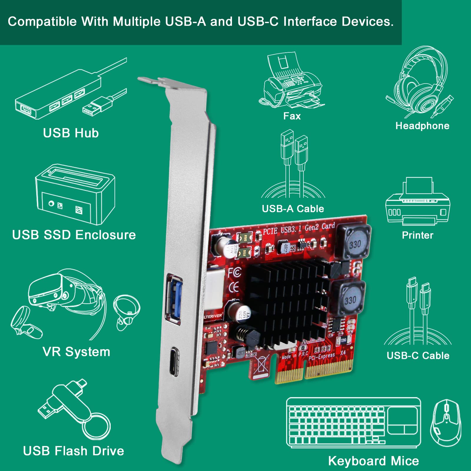 PCIE to USB 3.1 GEN2 10Gbps Card for Windows 7, 8.1, 10, 11 (32/64) and MAC OS 10.9,10.10,10.12,10.13,10.14,10.15 PCs, Built in Smart Power Control Technology, 1X USB-C and 1XUSB-A (PCE-U31AC)