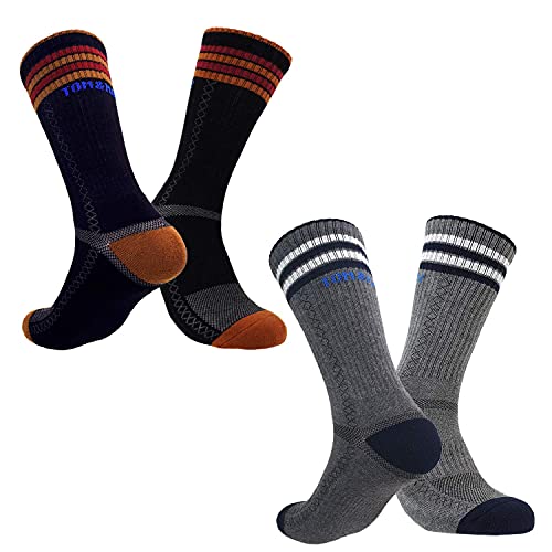 Tom & Mary Men’s Hiking Socks, Cotton (84%), Long Crew, Moisture Wicking, Half Double Cushioned, Lightweight (4 Pairs) (Large Size 11-14)