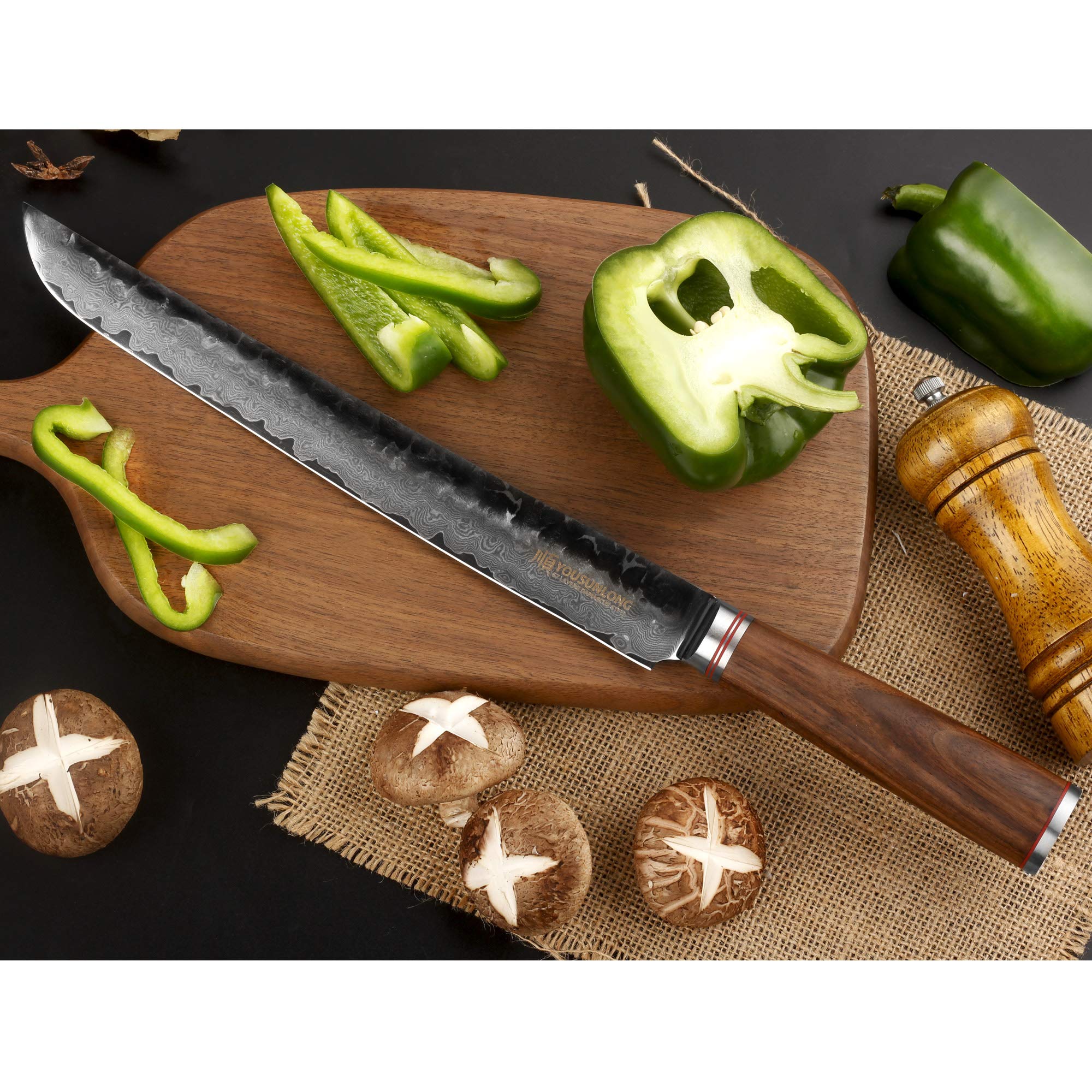 YOUSUNLONG Sakimaru Knife 11 inch Pro Sashimi Sushi Knife Japanese Damascus Steel Ergonomic Design Max Yanagiba Knife Walnt Handle with Leather