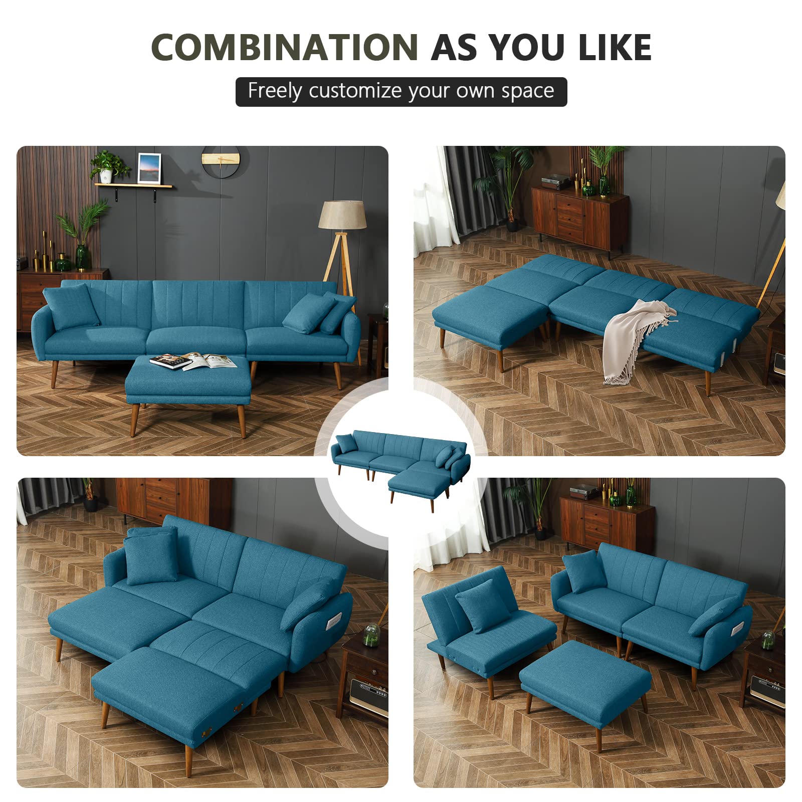 NOBLEMOOD Sleeper Sectional Sofa Bed for Living Room, L-Shaped Linen Fabric Couch Sofas with Reclining Backrest and Removable Ottoman (Blue)