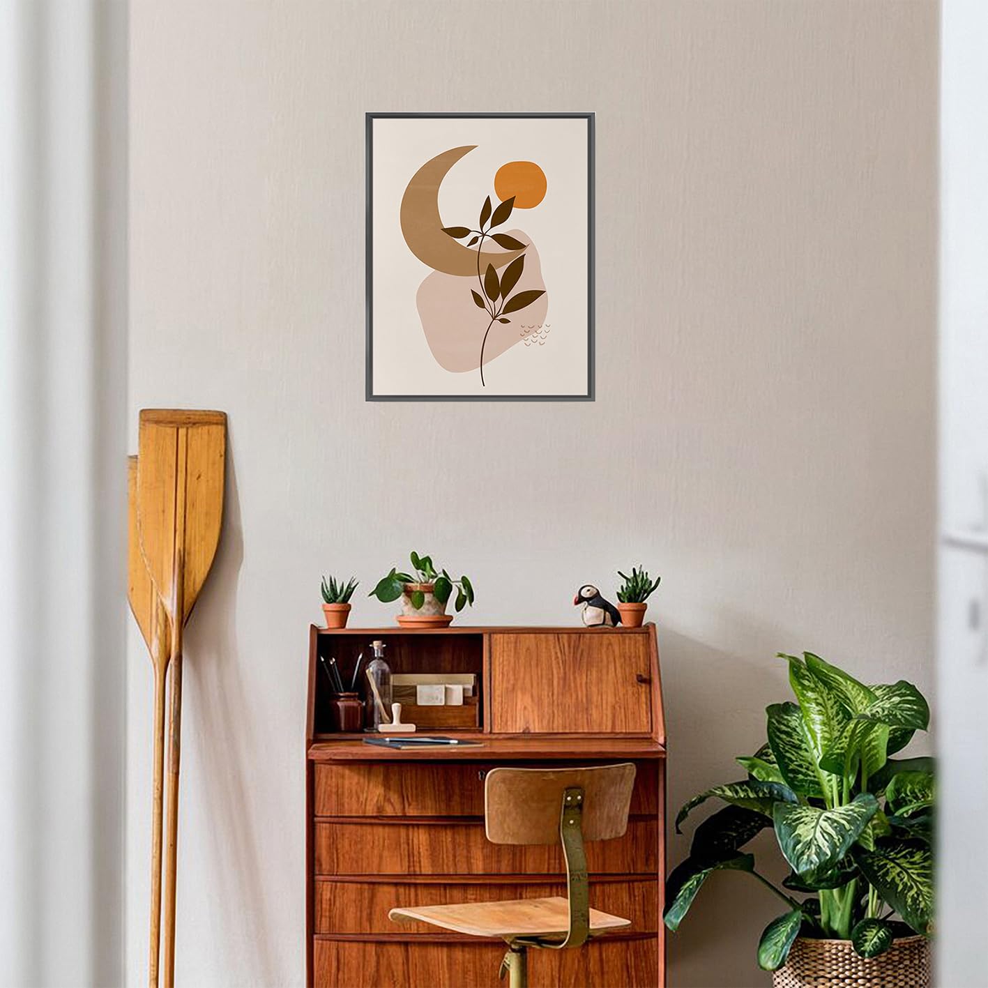OcenCo Botanical wall art, minimalist moon leaf modern art, boho print decor, abstract art print (12x16in,Unframed)