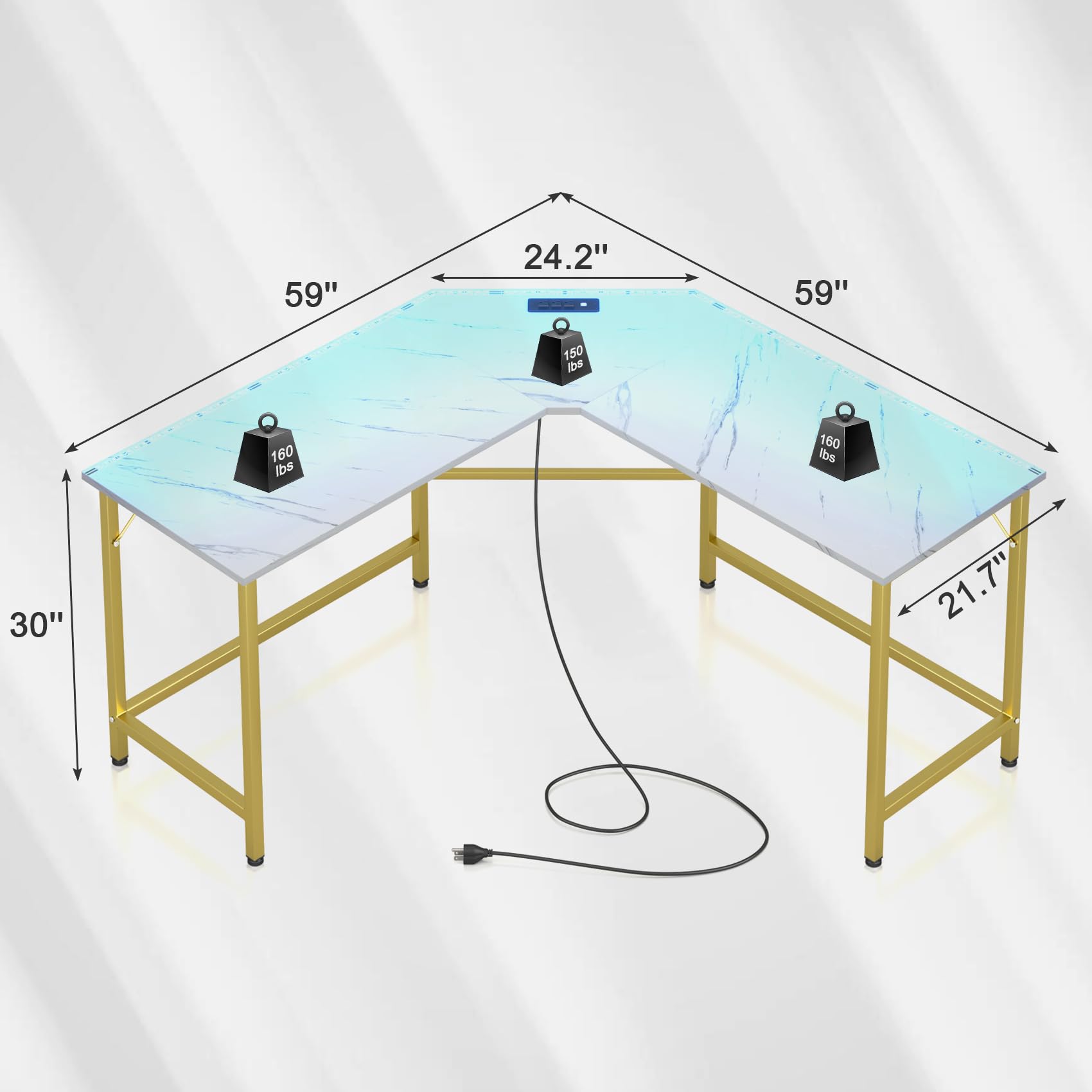 Mr IRONSTONE L Shaped Gaming Desk with LED Lights and Power Outlets 59 Inch Computer Desk with Large Desktop Space Saving Home Office Writing Desk White Marble