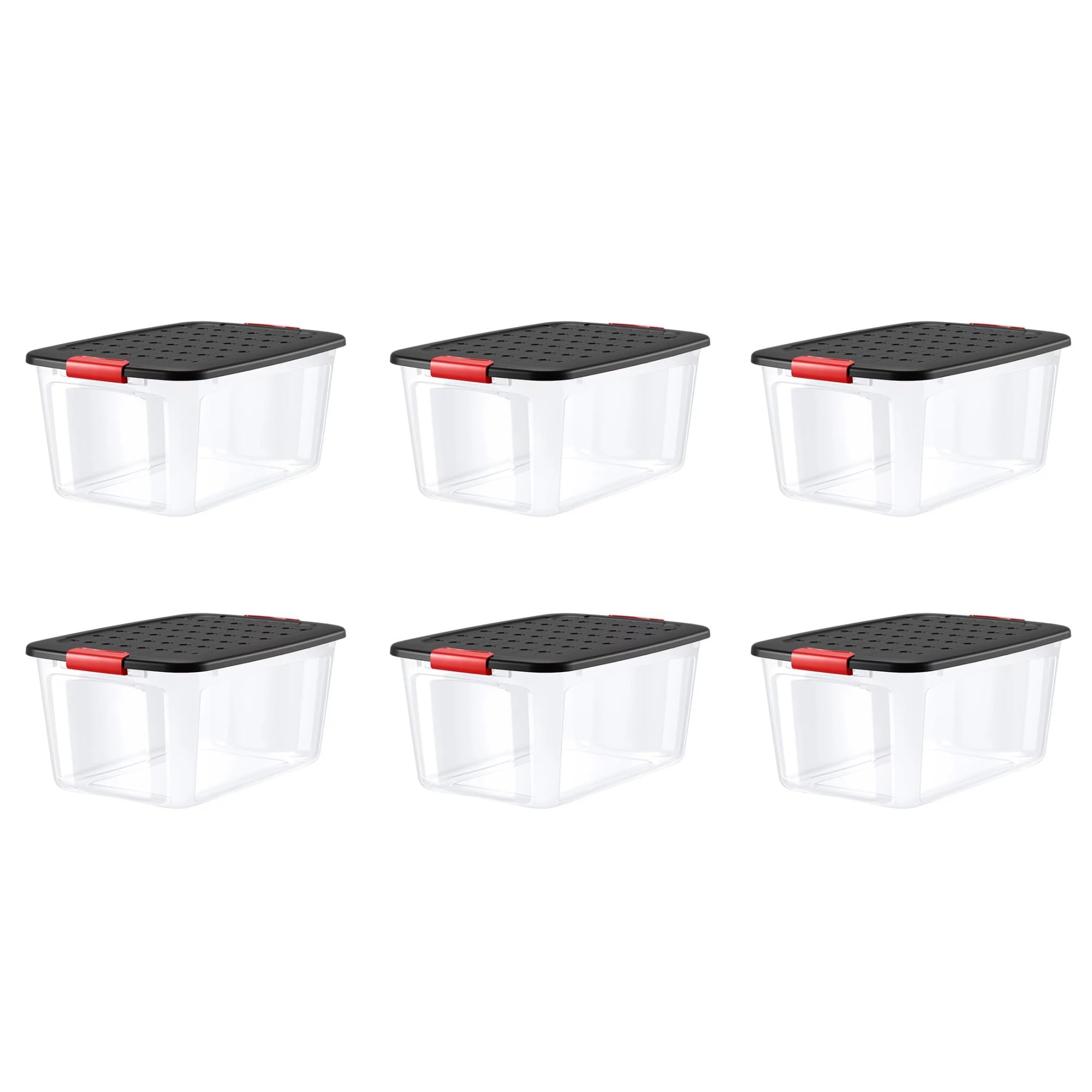 TamsOi 56 Quart Clear Plastic Red Latches Black Lid Tote Set of 6