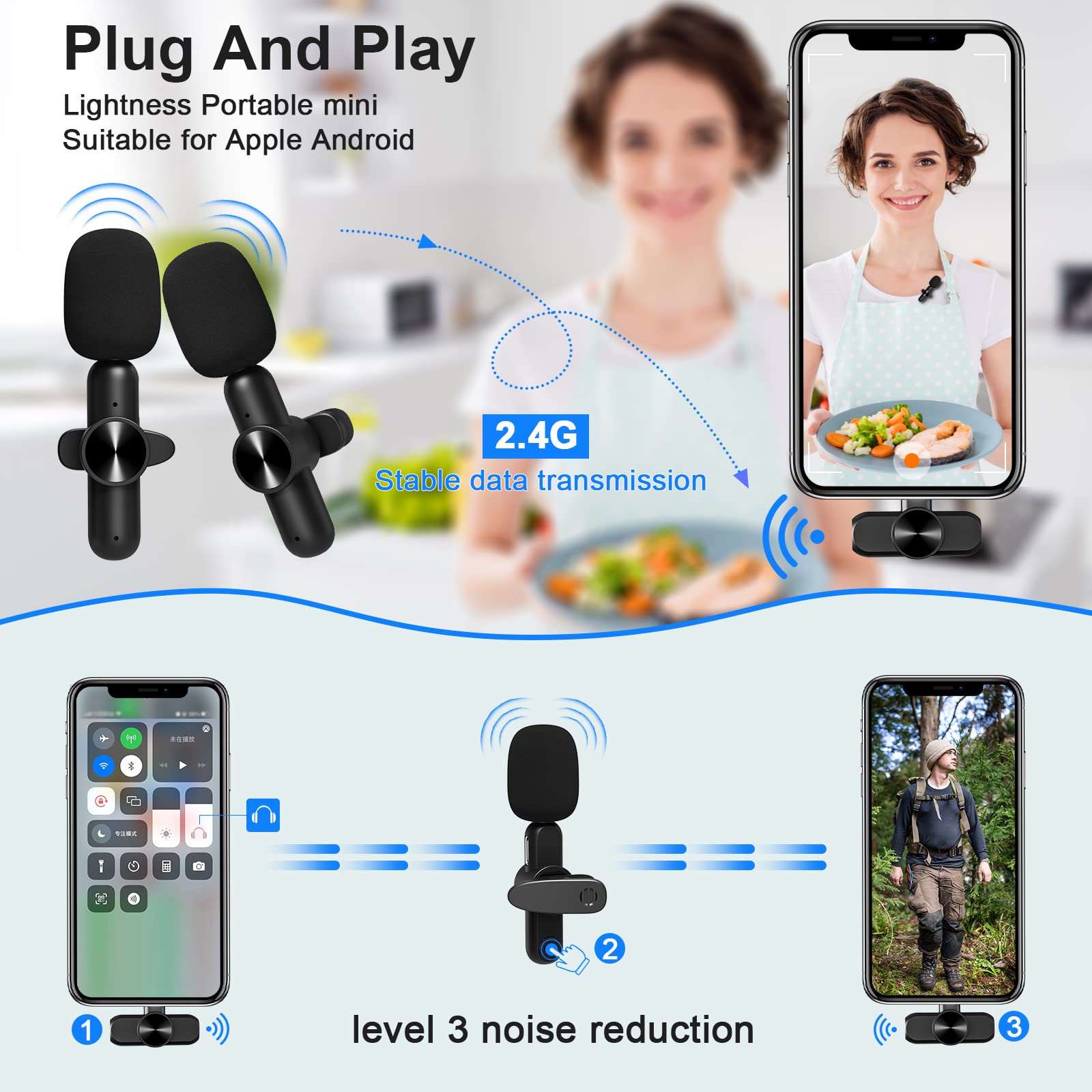 YAIUZGOO Wireless Lavalier Microphone for iPhone/Typc-c, 3 Level Noise Reduction Plug and Play, Auto-Sync, Mini Lapel Mic YouTube FB Live Stream TikTok/Vlog Video Recording