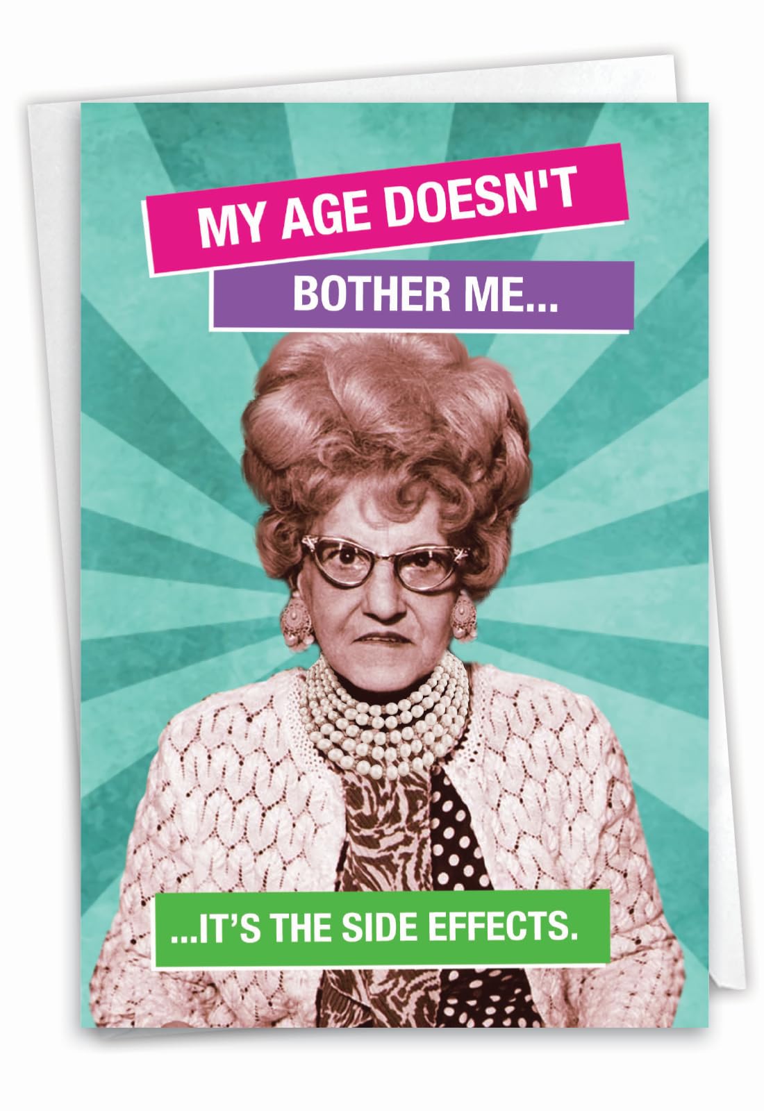 NobleWorks - 1 Funny Happy Birthday Greeting Card - Retro Old Woman Humor, Notecard Talk Bubbles - Side Effects C9356BDG