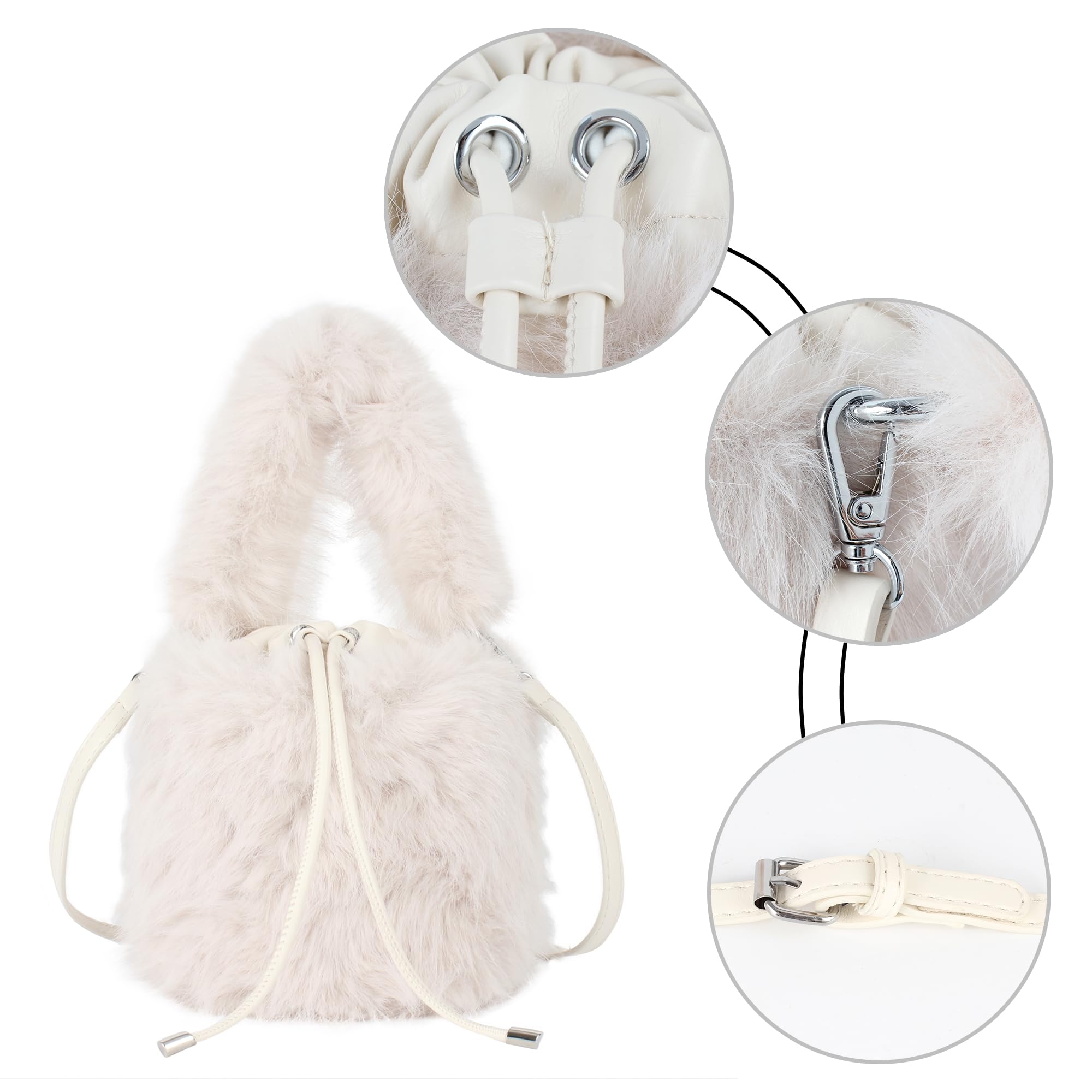 ZLM BAG US Women Plush Drawstring Bucket Bag Chain Crossbody Shoulder Purse Fuzzy Handle Evening Handbag