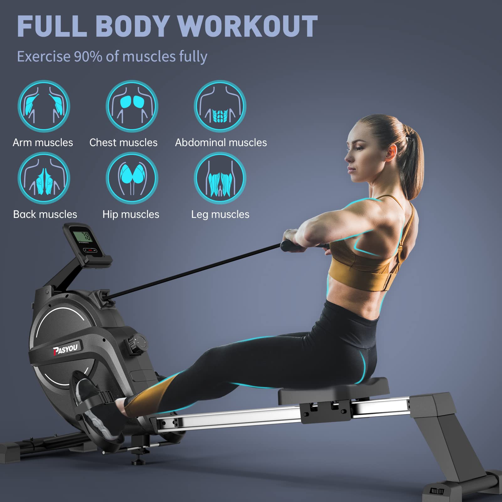 PASYOU Folding Rowing Machine Indoor Magnetic Rower for Full Body Workout with 15 Level Adjustable Magnetic Resistance Advanced Belt Driven System LCD Monitor Smooth Quiet Home Exercise Training